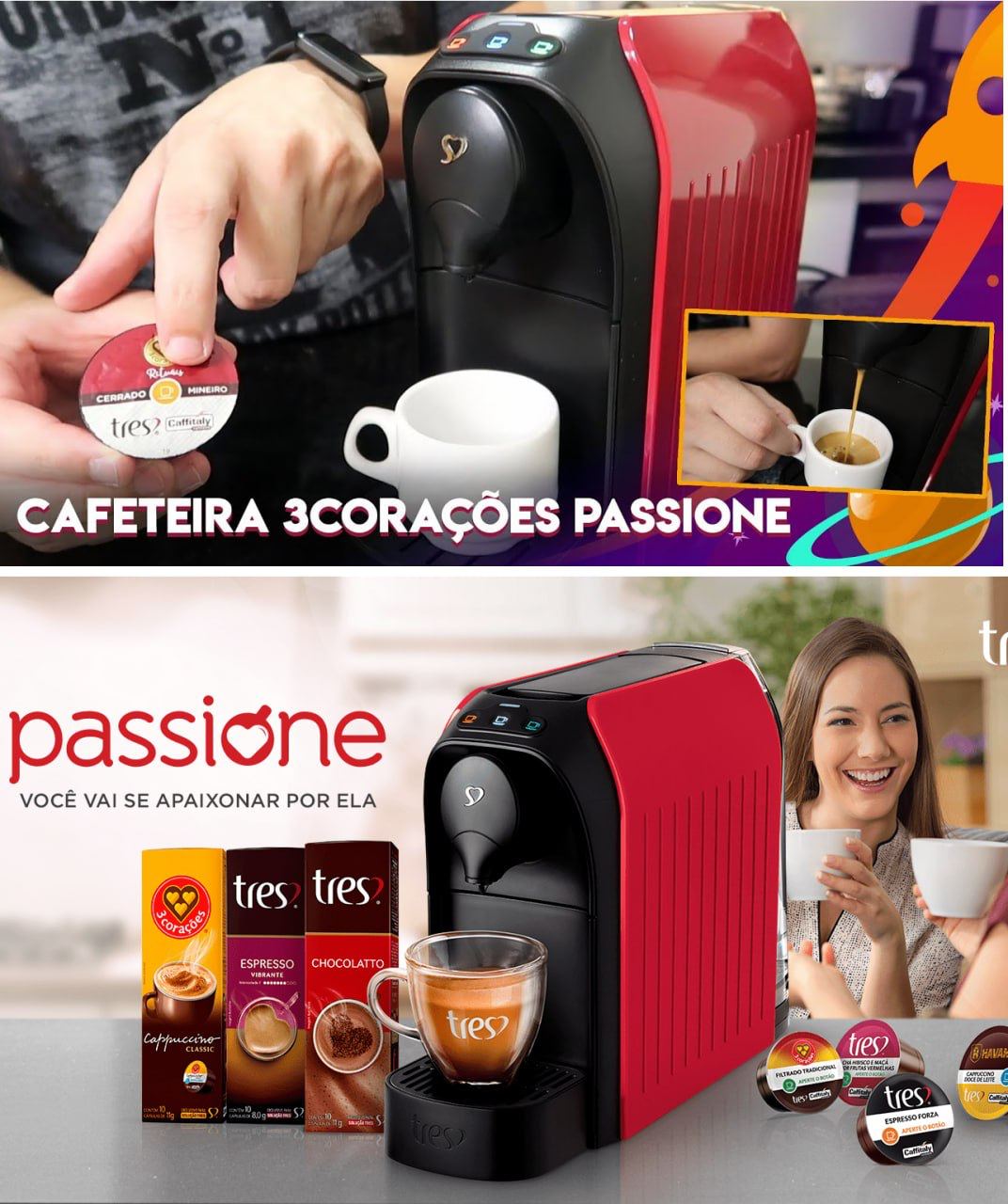 Cafeteira Espresso Três, Passione, Vermelha - Adoro Promoção